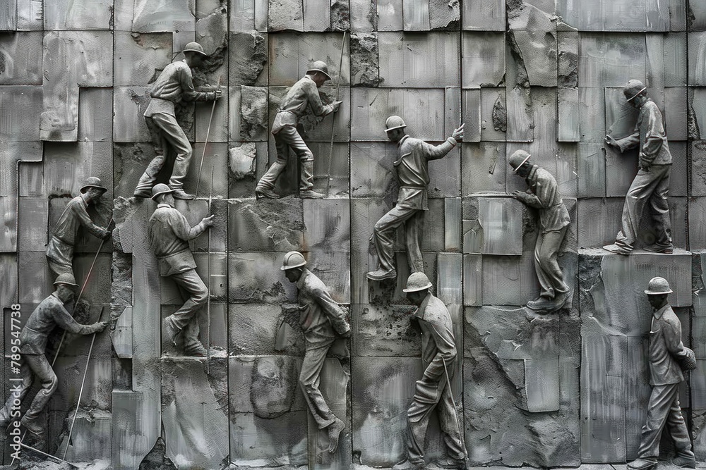Against a backdrop of ceramic tiles in shades of gray, workers toil ...