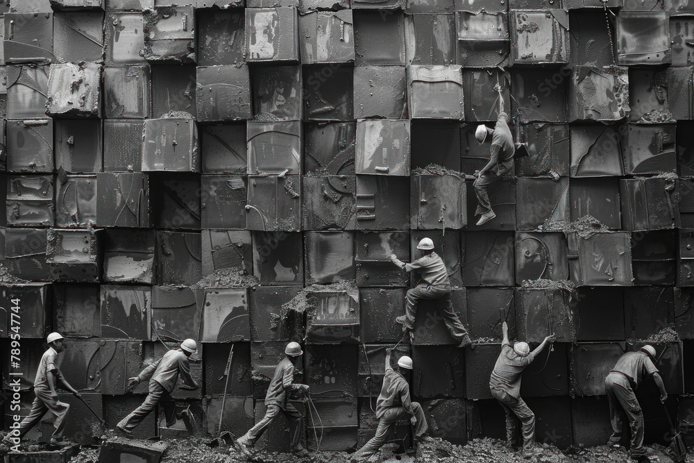 Against a backdrop of ceramic tiles in shades of gray, workers toil ...