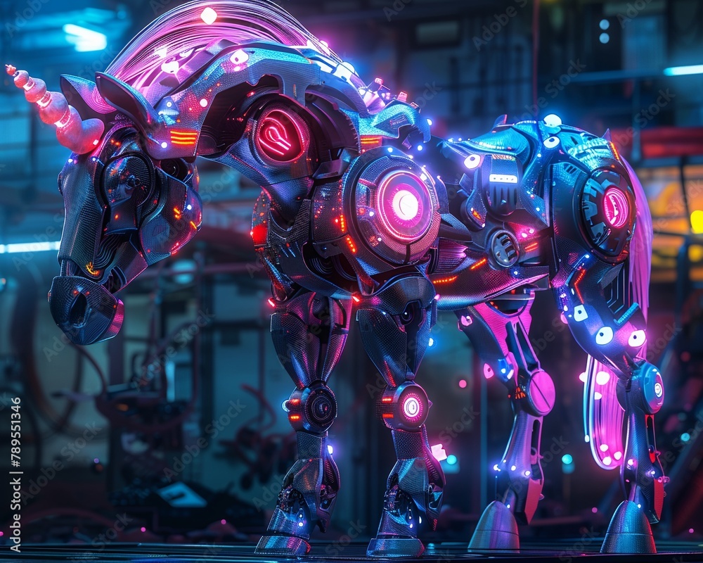 Mythical animal bot, a robotic unicorn with shimmering lights, in a ...