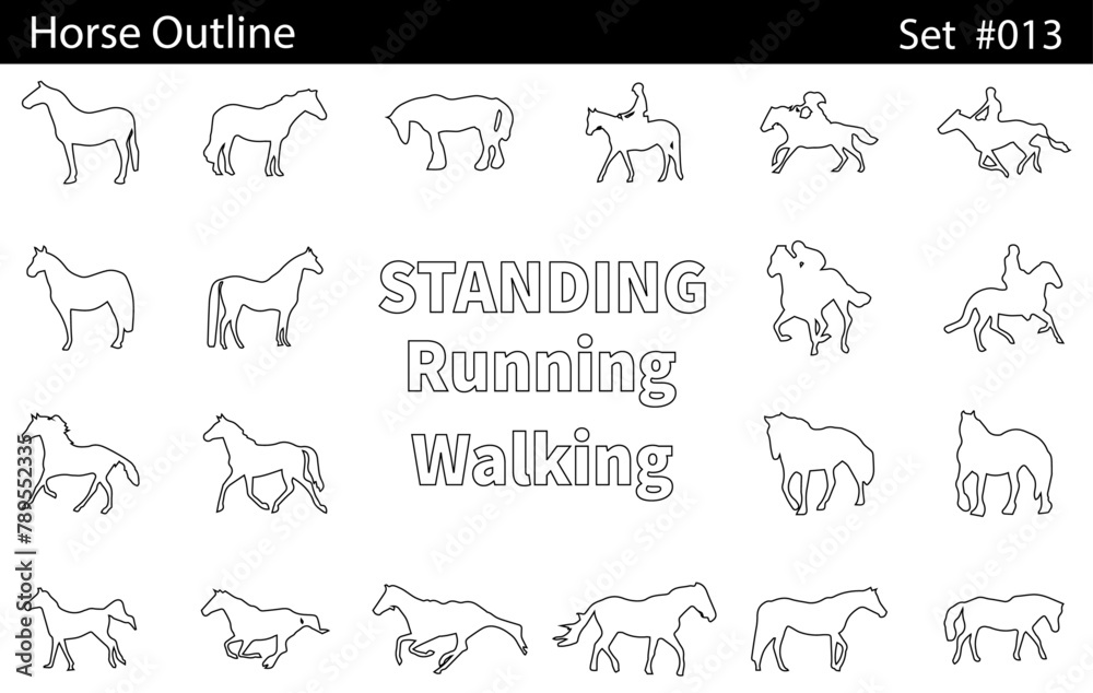 Minimal style horse line drawing, Side view, set of graphics horses ...
