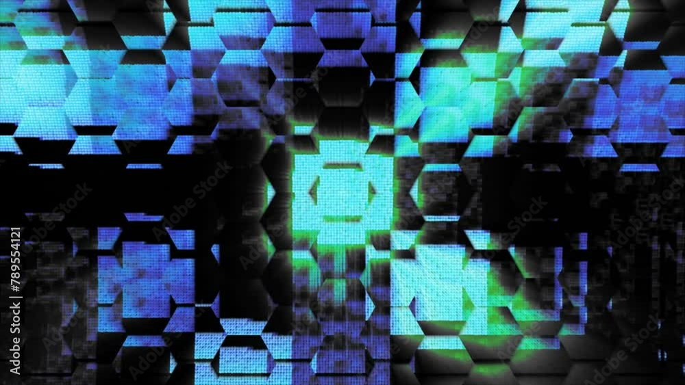 Moving blue green pixeled mosaic in black background with grain effect ...