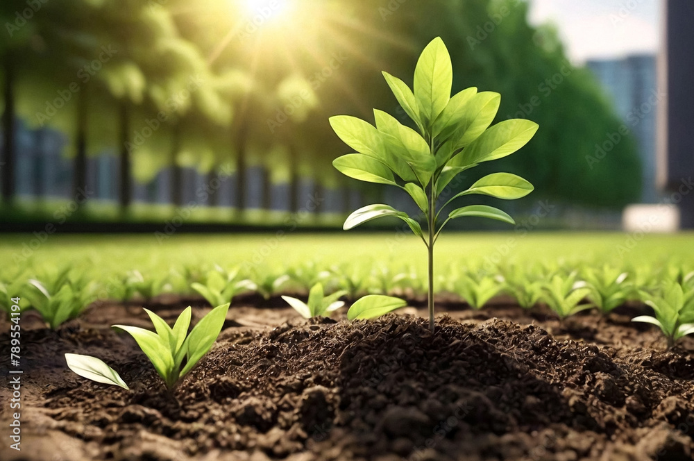 Planted young sapling of trees in an urban environment on territory of ...