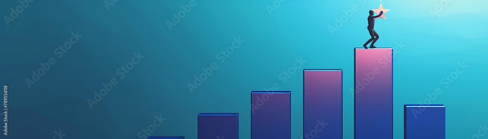 A rising bar chart with a figure climbing the highest bar, reaching for ...