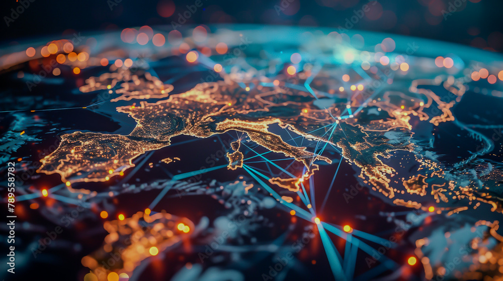 Illustrate a world map where countries are connected by glowing threads ...