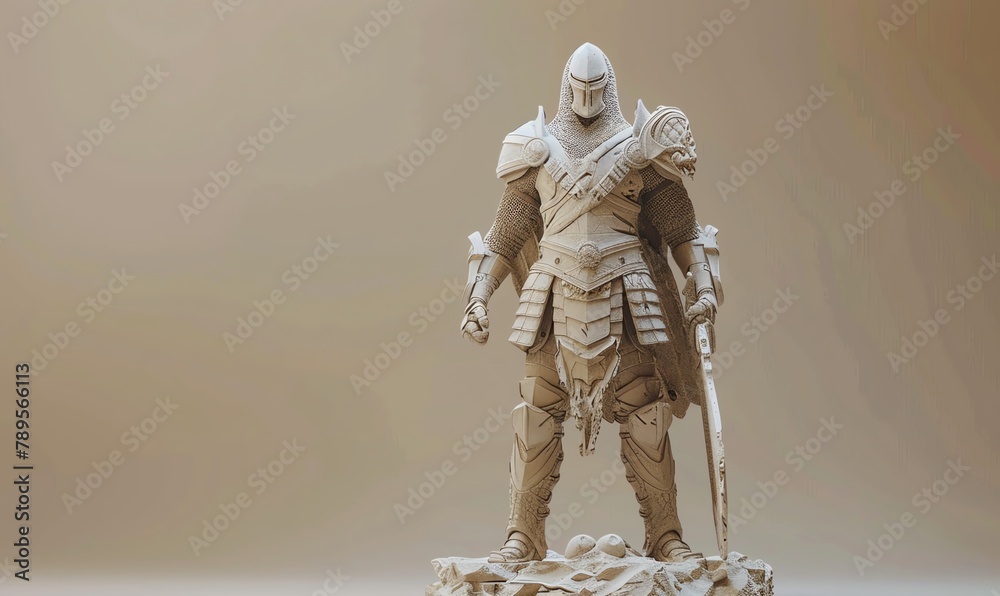 Design a clay sculpture of a fierce warrior standing proudly, adorned ...