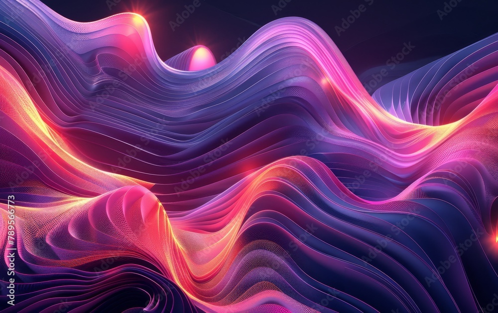 Vivid neon light waves ebb and flow with energetic rhythm, casting a ...