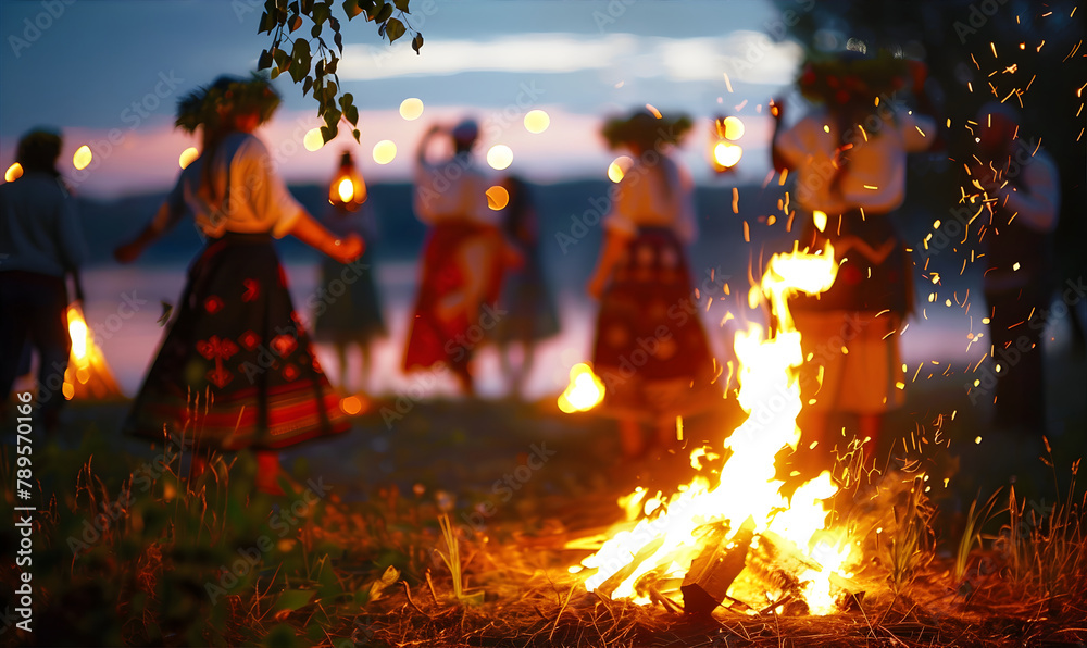 People dancing around a Midsummer Bonfire wearing traditional wreaths ...