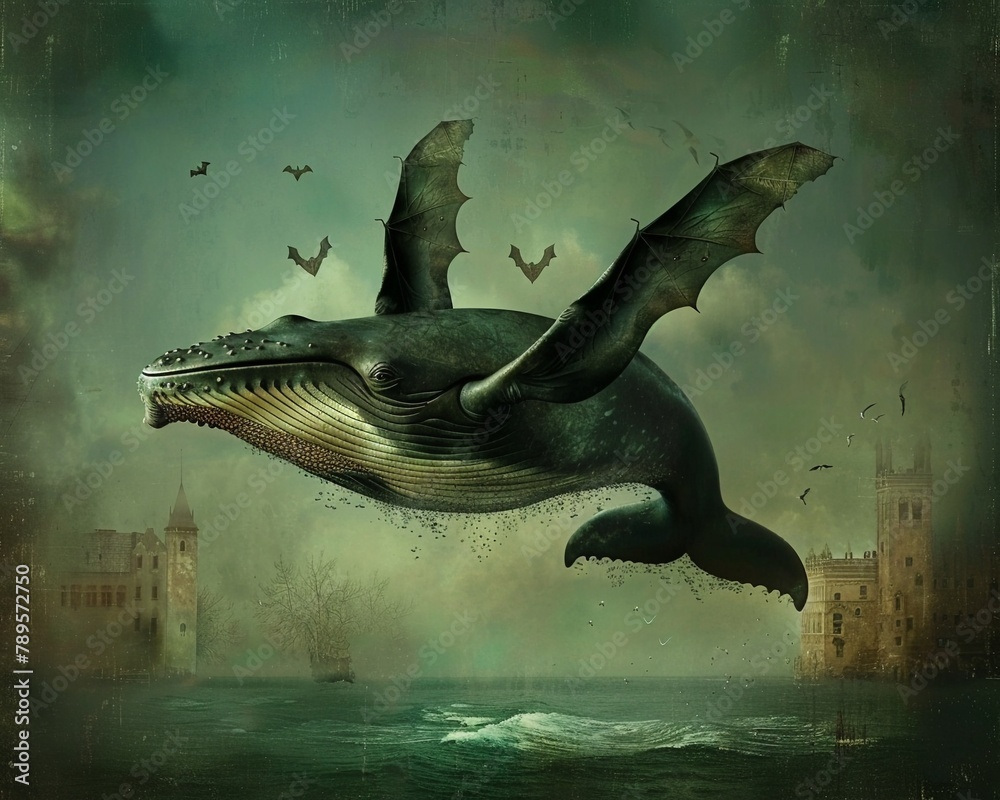 A whale with the wings of a bat breaches the surface of the ocean, its ...