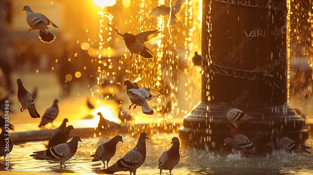 Serenade of the City: Pigeons Gathered by a Public Fountain at Sunset ...