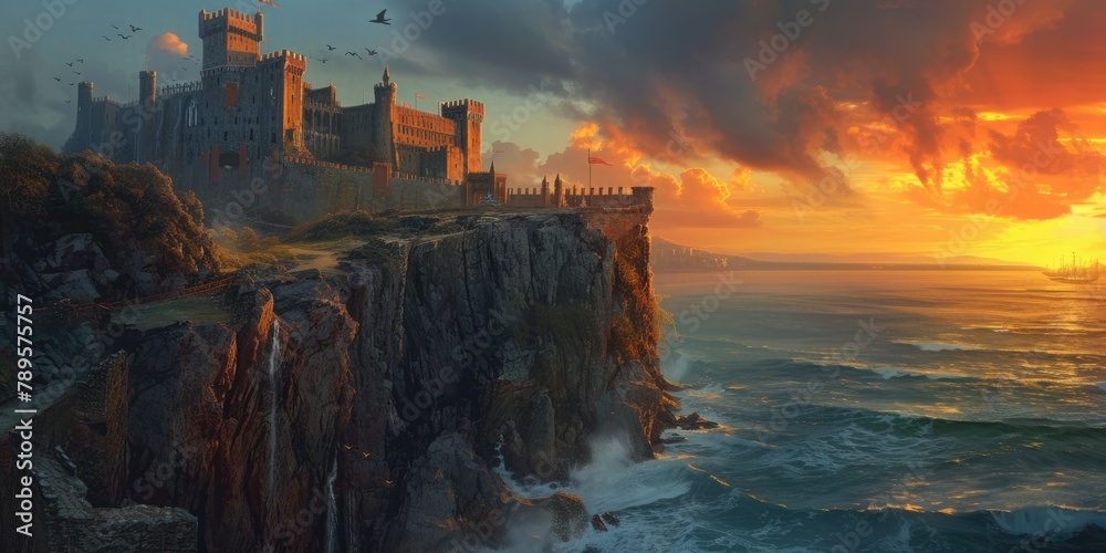 A medieval castle on a cliff overlooking the ocean, with knights and ...