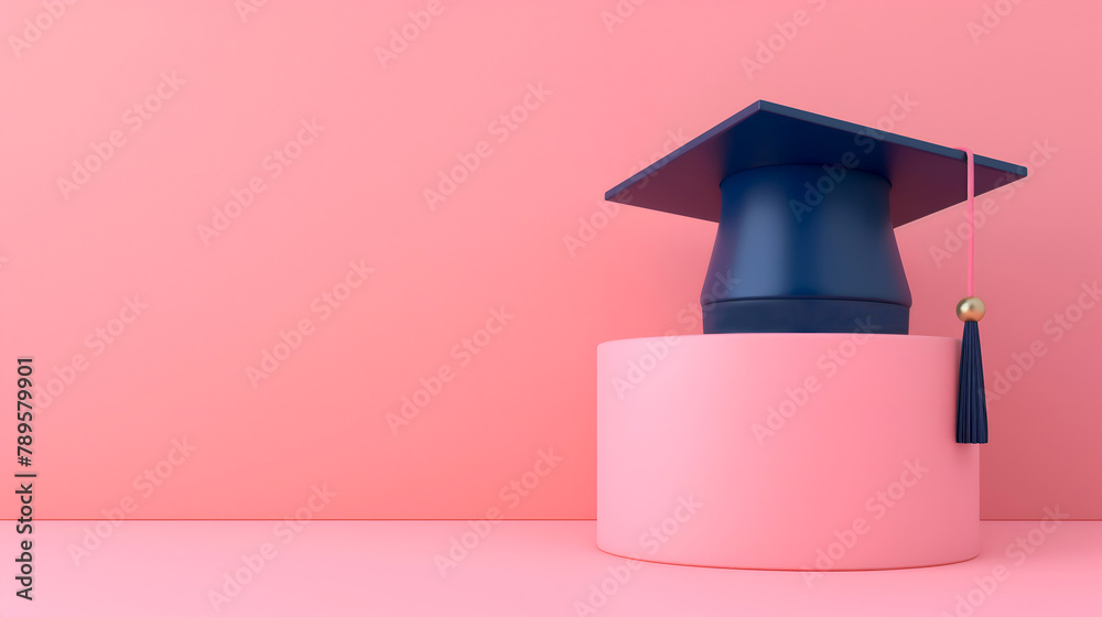 Stylish graduation cap on pastel pink podium, minimalistic academic ...