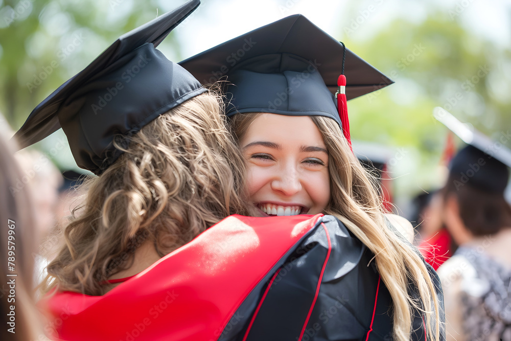 Graduation happiness captured in a warm embrace, friends celebrating ...