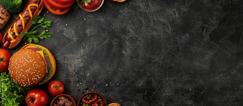 Top view of a dark slate banner background featuring a border of summer ...