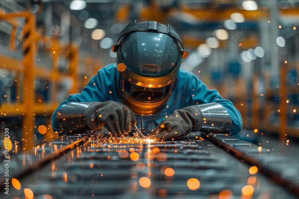 Skilled welder in protective gear welding metal with sparks flying in ...