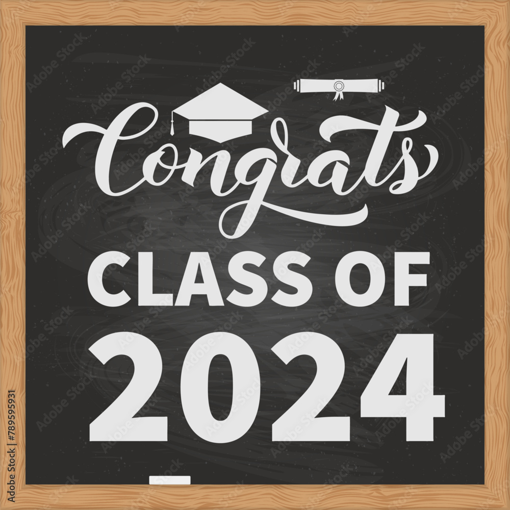 Congrats Class of 2024 inscription on chalkboard with wooden frame ...