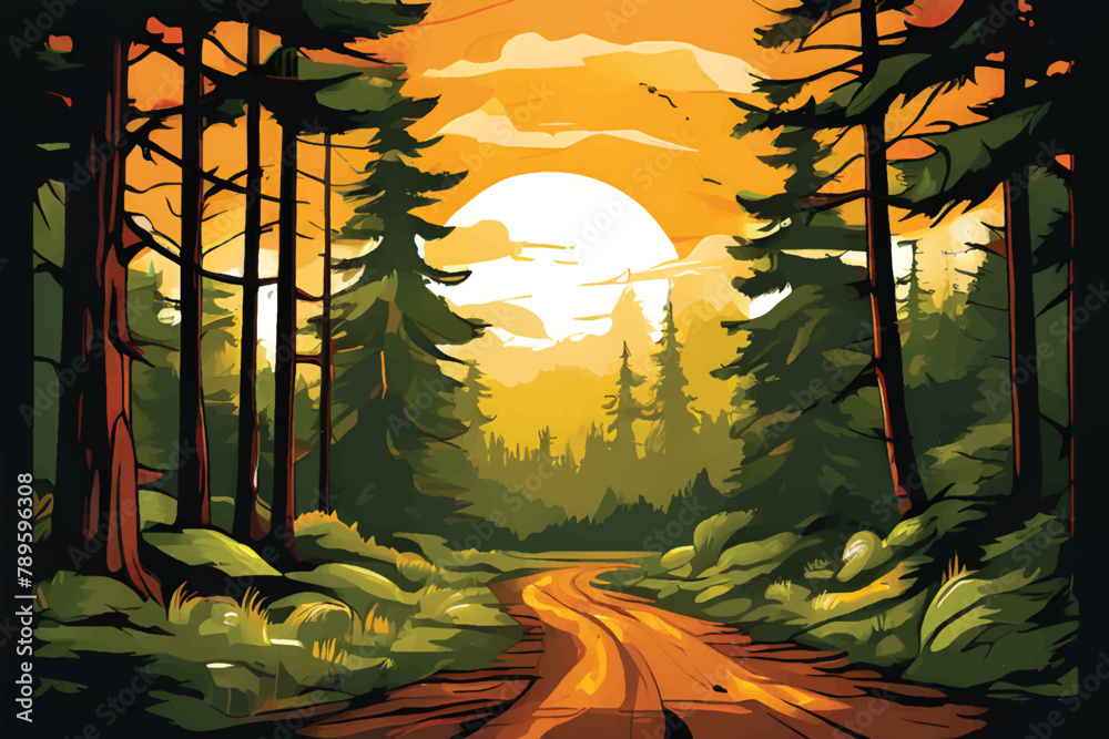 Forest landscape vector background. Forest view with sunset. Forest ...