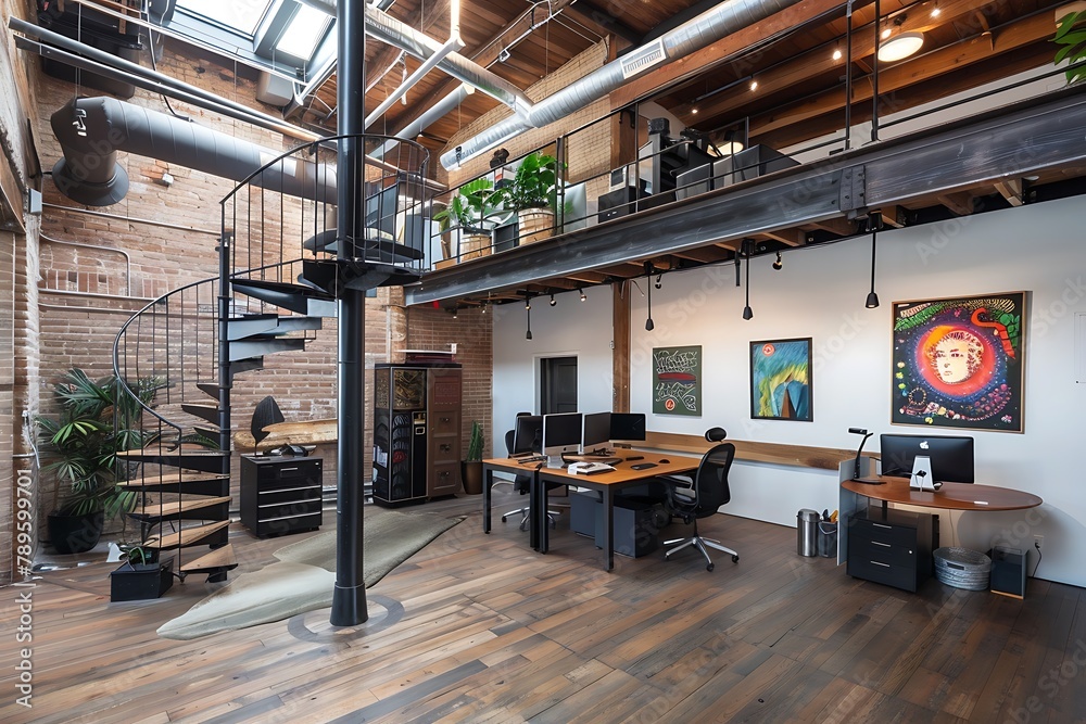 : Industrial loft office with a spiral staircase leading to a mezzanine ...
