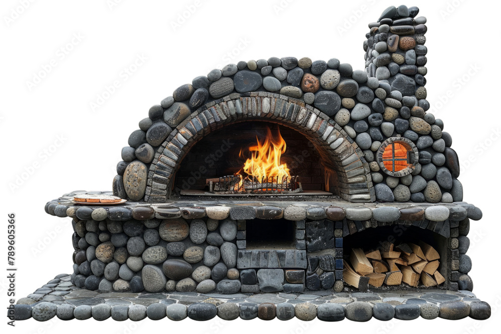 River Rock Stone Oven with Fire. Traditional Wood-Fired Oven with Round ...
