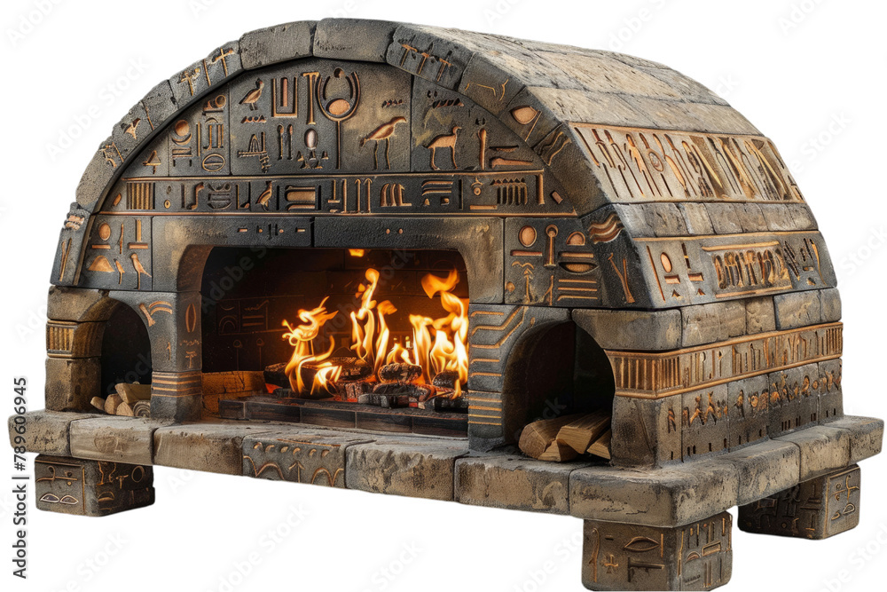Custom hieroglyphic stone oven with open fire isolated on transparent ...