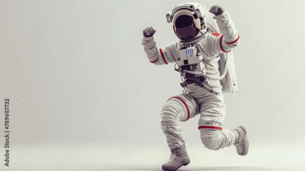 3D render of a triumphant astronaut in a white space suit captured mid ...