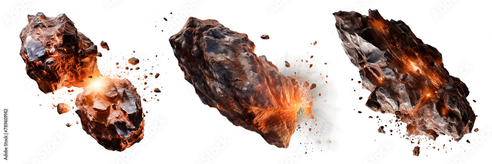 Set of meteorites of different types isolated on a white or transparent ...