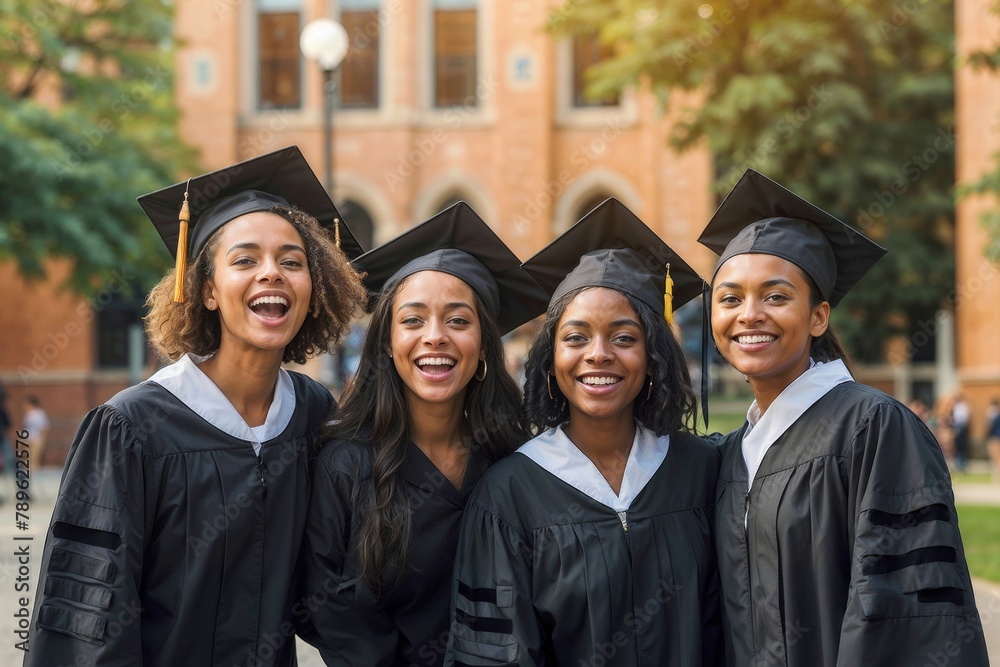 Four radiant African American female college graduates in caps and ...
