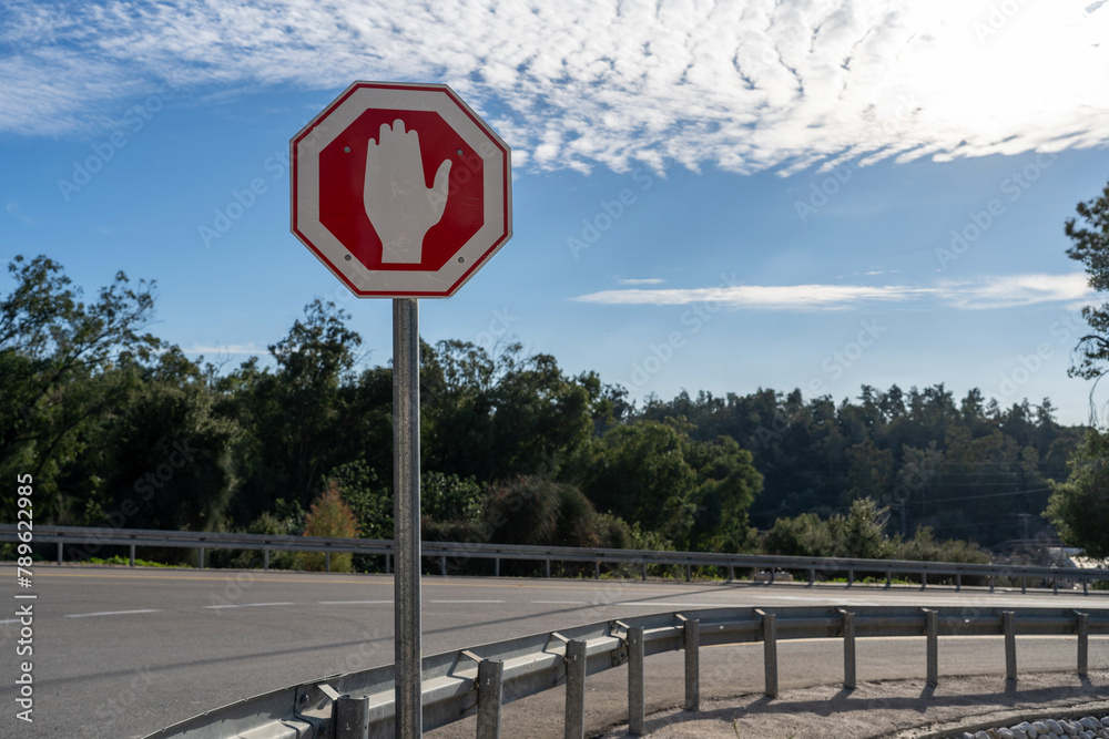 Israel Traffic Stop Sign. Hand Stop Gesture. Sunny Road Landscape ...