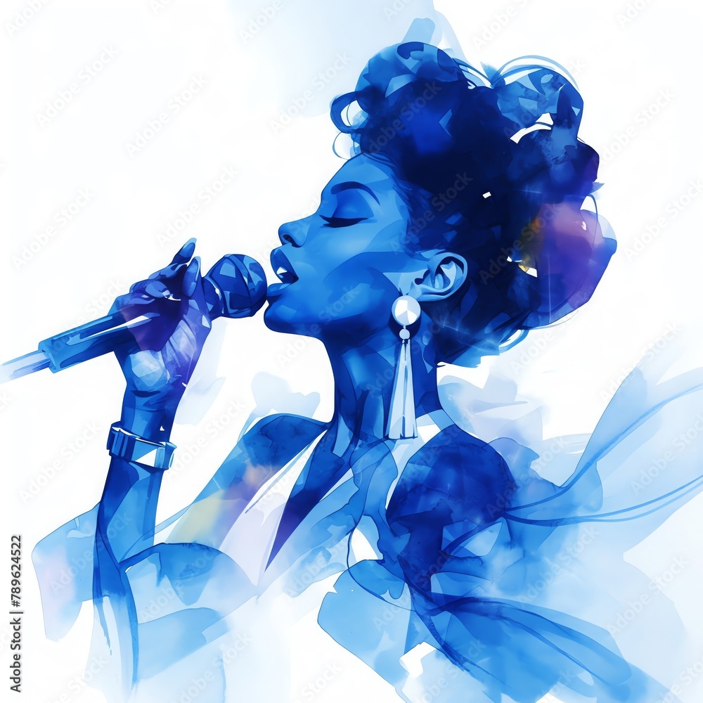 An expressive watercolor of a black woman jazz singer performing in a ...