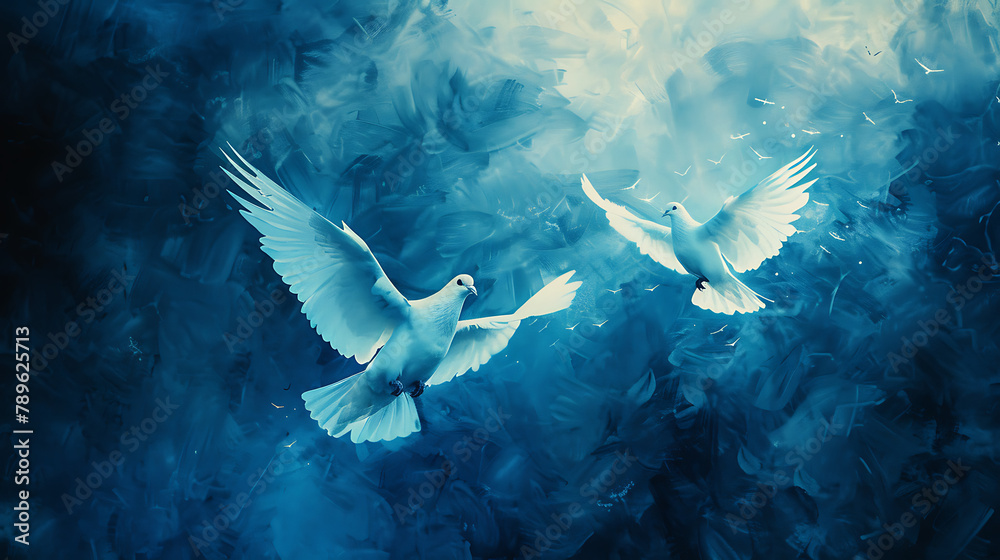 A dark, cloudy backdrop with white doves flying, evoking serenity ...