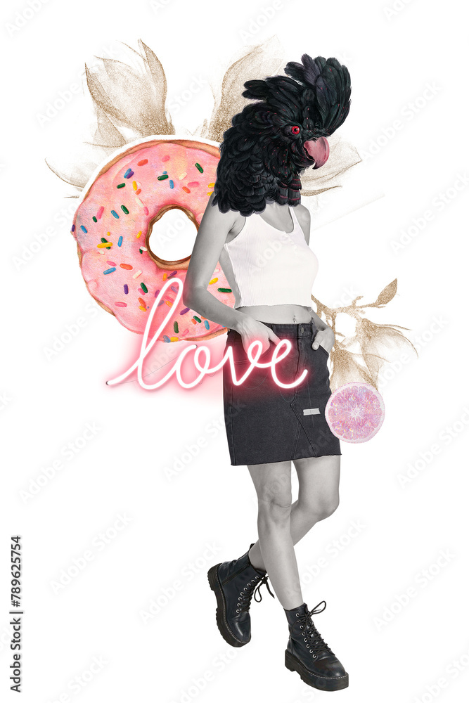 Collage png sticker donut bird woman illustration, vintage printable ...