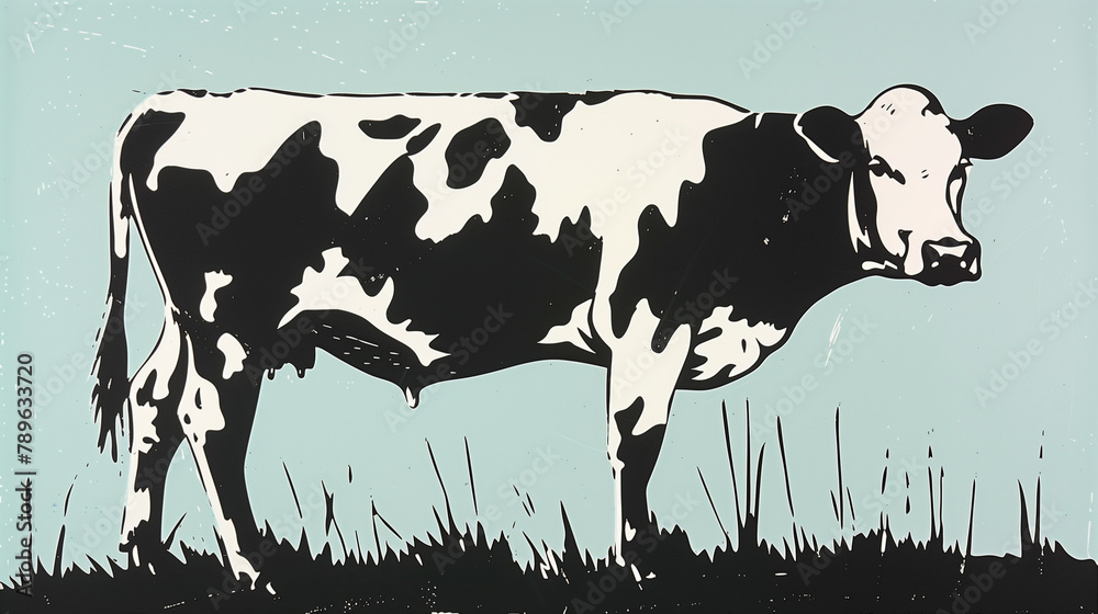 Simple linocut-style illustration of a cow in black and white ...