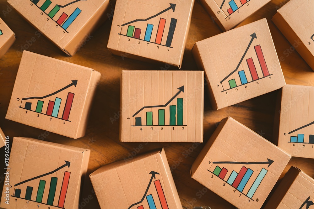Pile of boxes with statistical graphs, representing economic growth ...