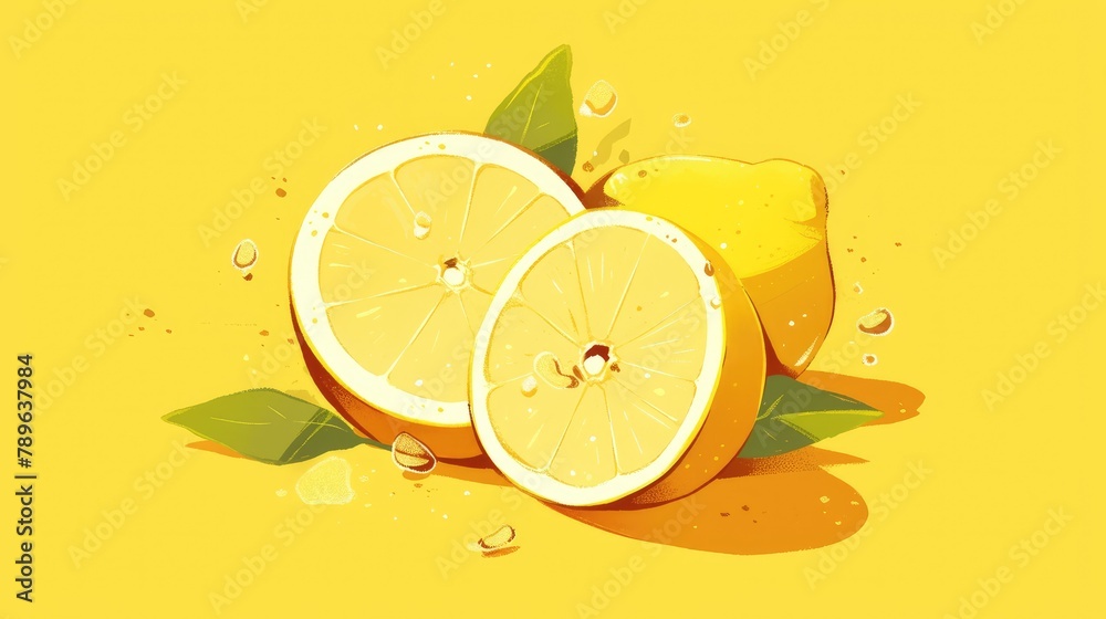 Vibrant flat 2d showcasing a lemon complete with its leafy green top a ...