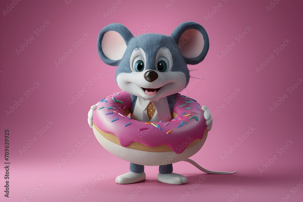 StockPhoto Cartoon mouse mascot with big pink glazed donut, 3D ...