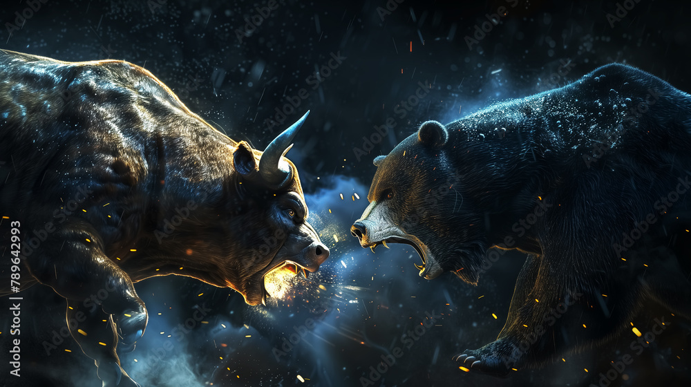 stock trading, bullish bull fighting bearish bear in stock market arena ...