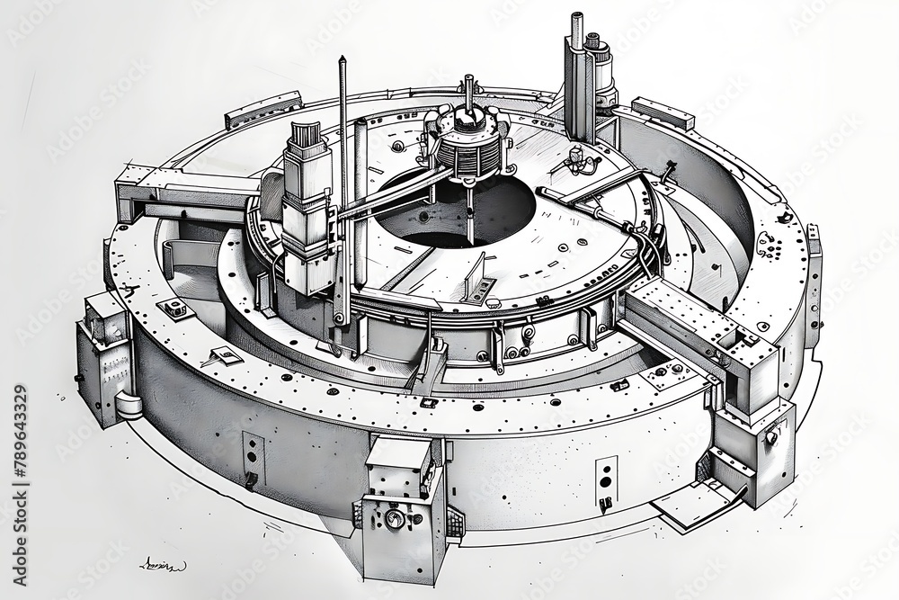 Drawing of a device. Black and white drawing of a mechanical device in ...