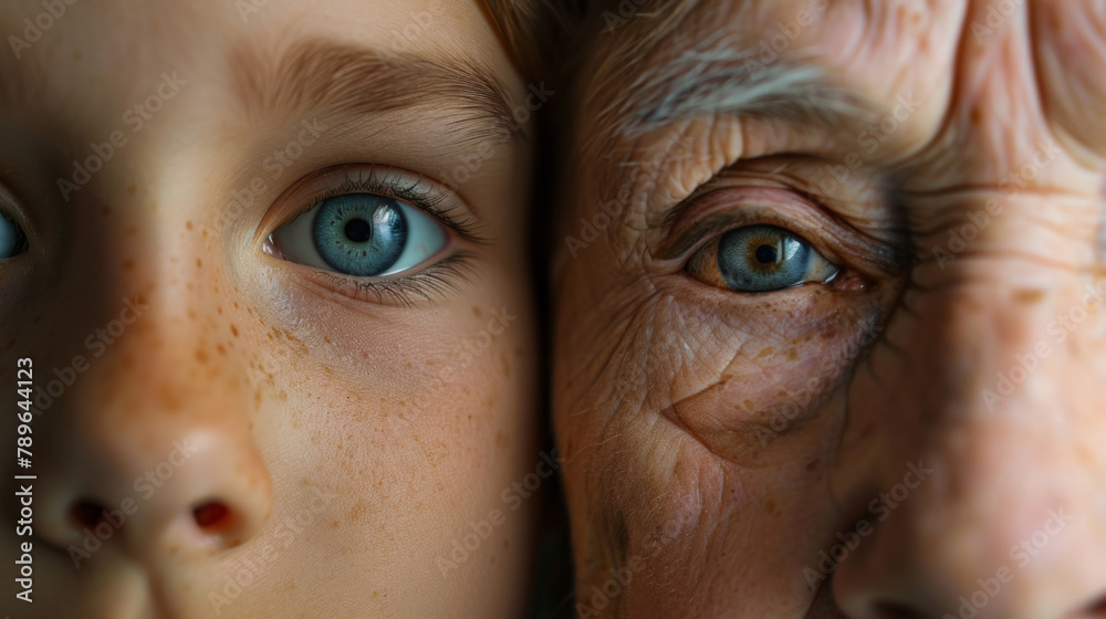 Senior, youth and generation of person, half and growth of face, before ...