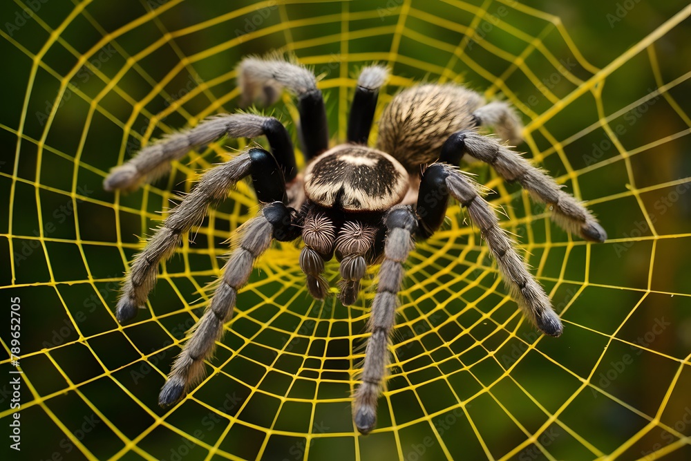 Hairy tarantula crawls yellow spider web Furry tarantula making its way ...