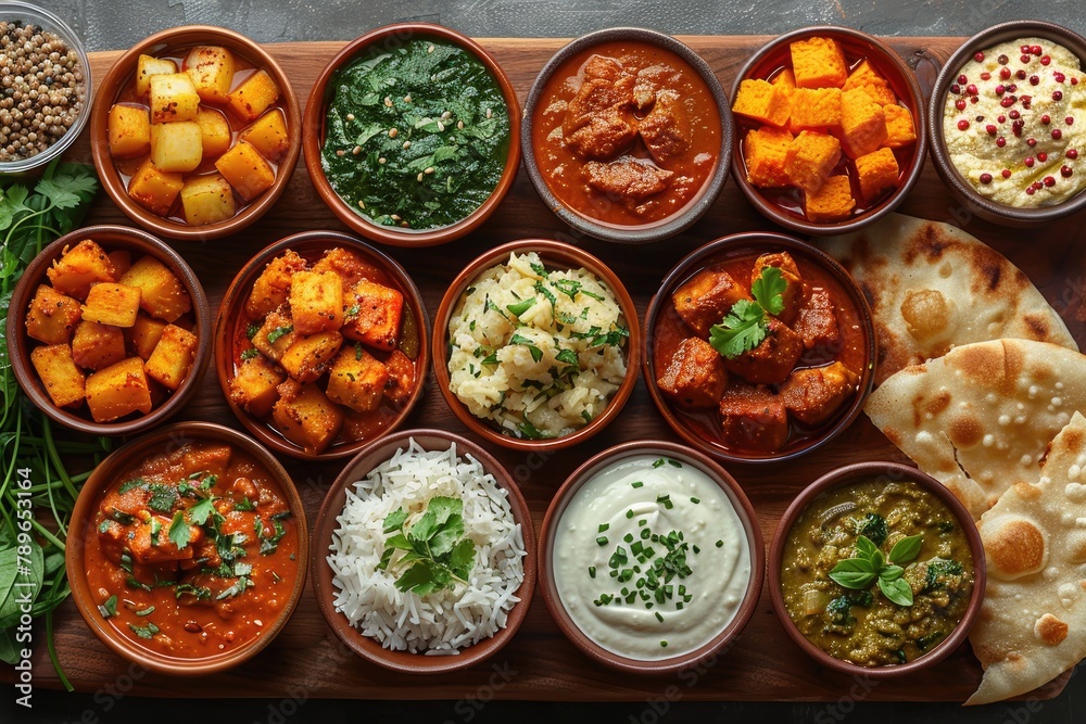 Desi, Indian traditional food set, top view. pizza, hummus, biryani ...