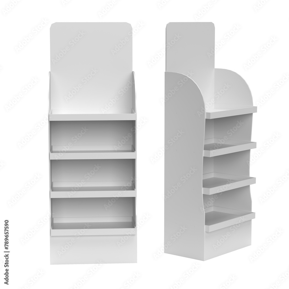 Empty shelving stands. Merchandising market retail display racks in ... Empty shelving stands. Merchandising market retail display racks in ...