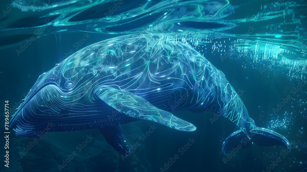 A massive whale swimming in the ocean. with most of its body submerged ...