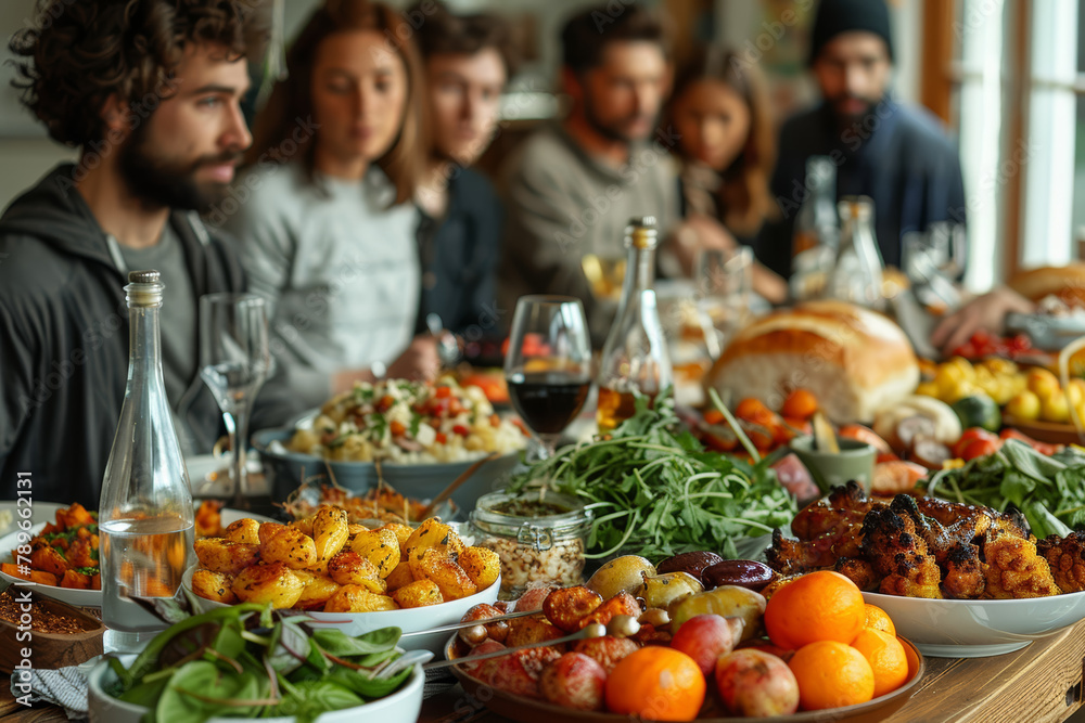 A group of friends gathering for a potluck dinner, sharing homemade ...