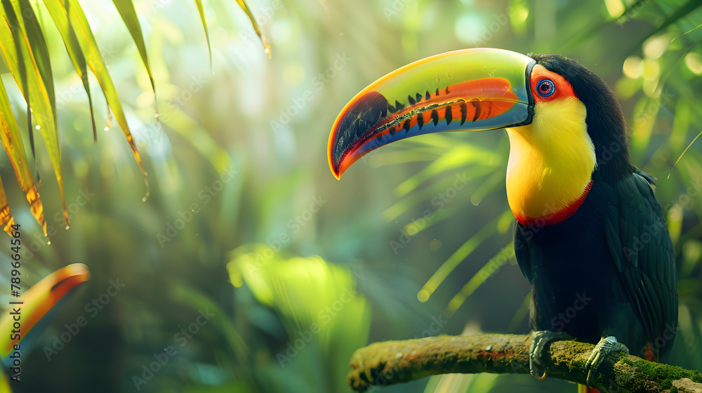 A toucan with vivid. multicolored patterns on its beak is displayed ...