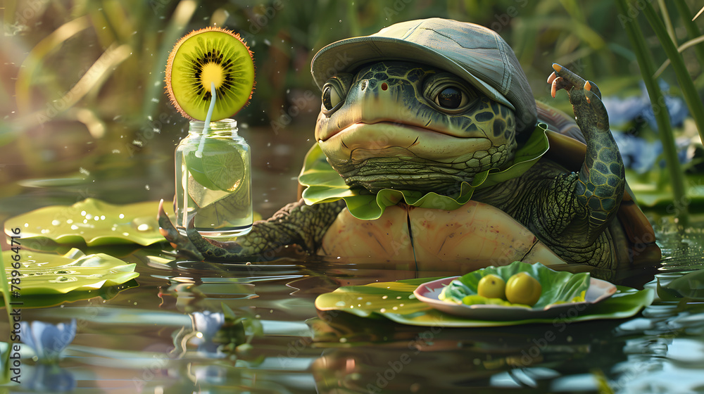 A turtle with a cap is floating in a pond lily pad. wearing a rash ...
