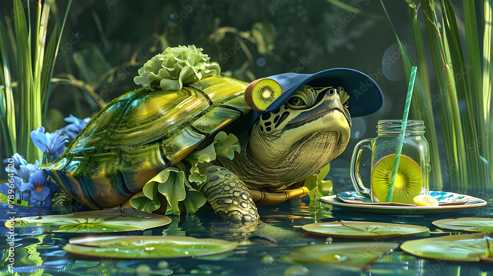 A turtle with a cap is floating in a pond lily pad. wearing a rash ...