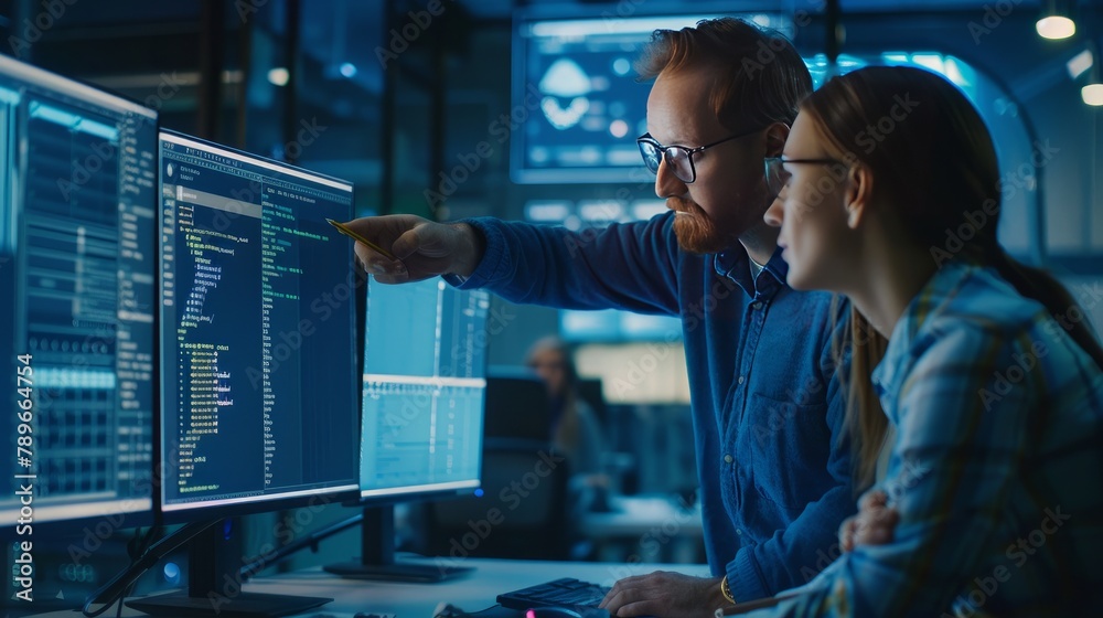 Database Developer Pointing Pencil At Computer Screen With Software Compiling Code Explaining