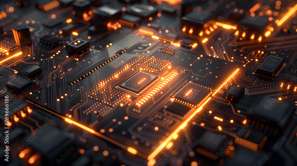 A zoomed-in perspective of an advanced microchip on the system board ...