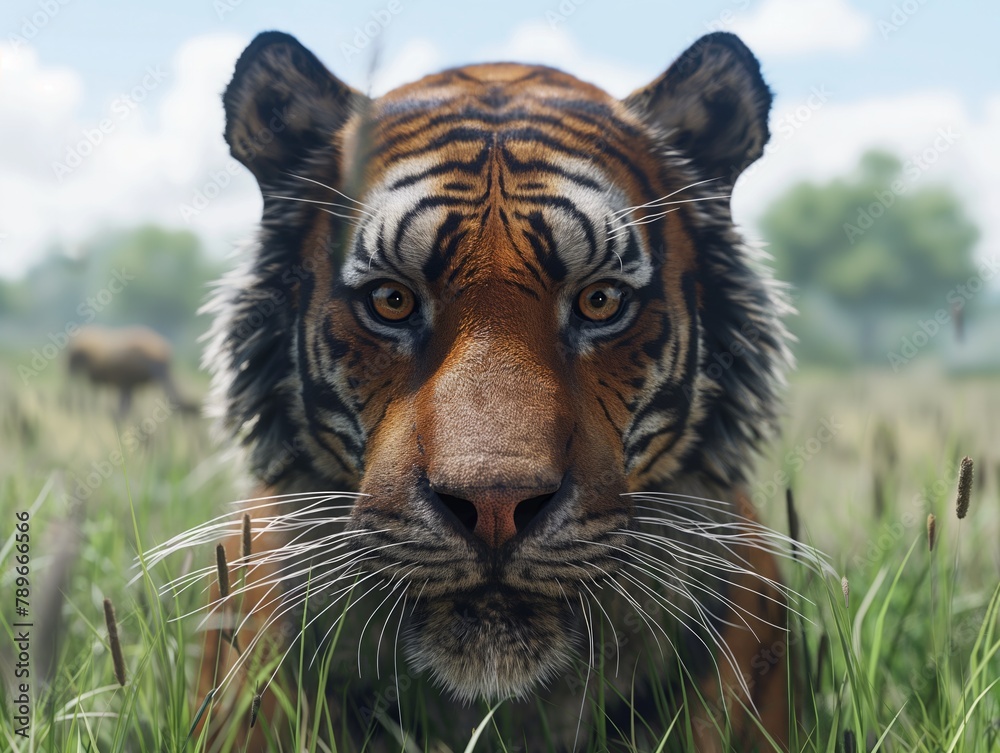 A tiger is staring at the camera in a grassy field. The tiger's eyes ...