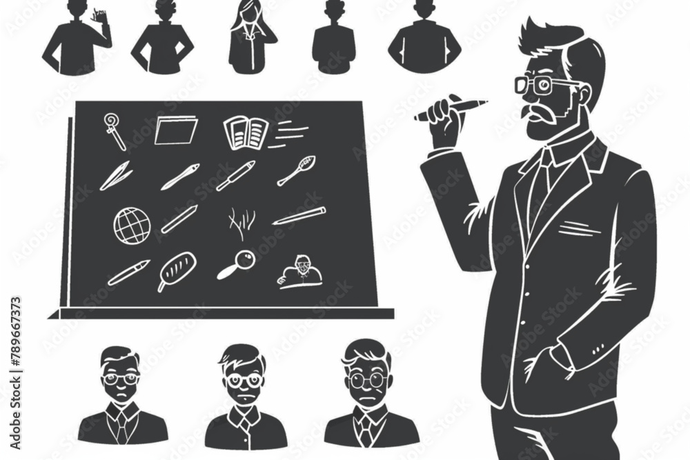 Man teacher writes on the blackboard and points to something. Professor ...