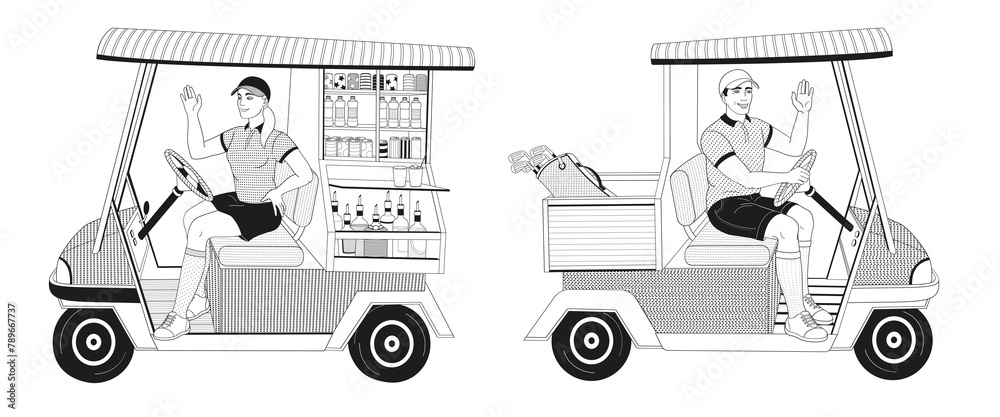 golf buggy car and beverage golf cart with male and female caddy driver ...